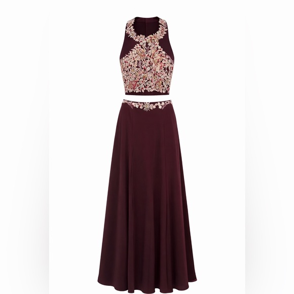 Dresses | Burgundy Embroidered 2piece Formal Gownsheer Lace Crop Top ...